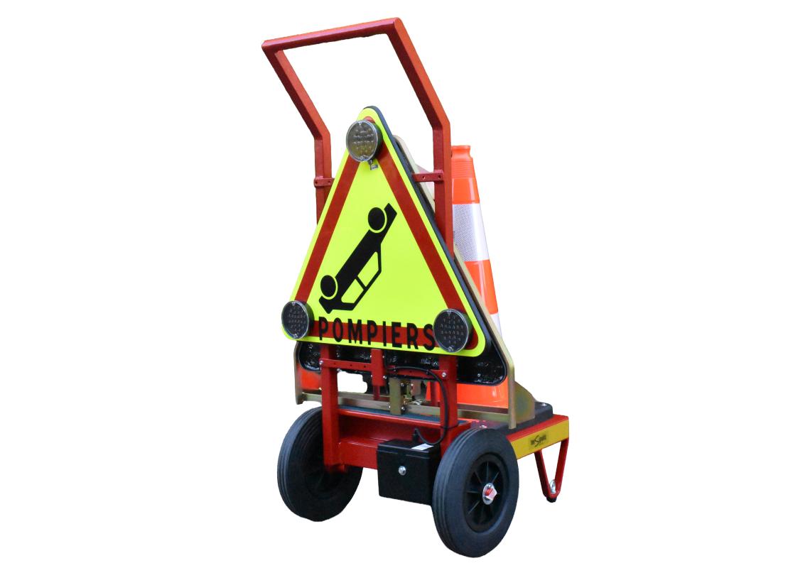 Triflash warning cone and triangle cart with automatic deployment ...