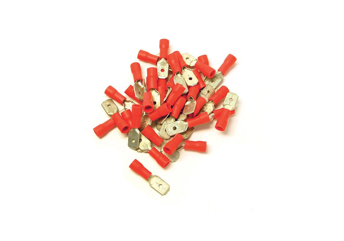 100 PRE-INSULATED RED MALE FLAT LUGS - CABLE SECTION: 0.25-1.65 mm² ...